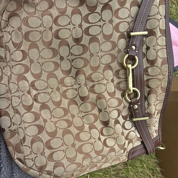 Coach | Bags | Coach Brown Monogram Shoulder Bag With Leather Trim ...